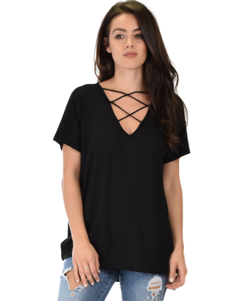 Lyss Loo Ever Amazed Front Cross Straps Black Tunic Top