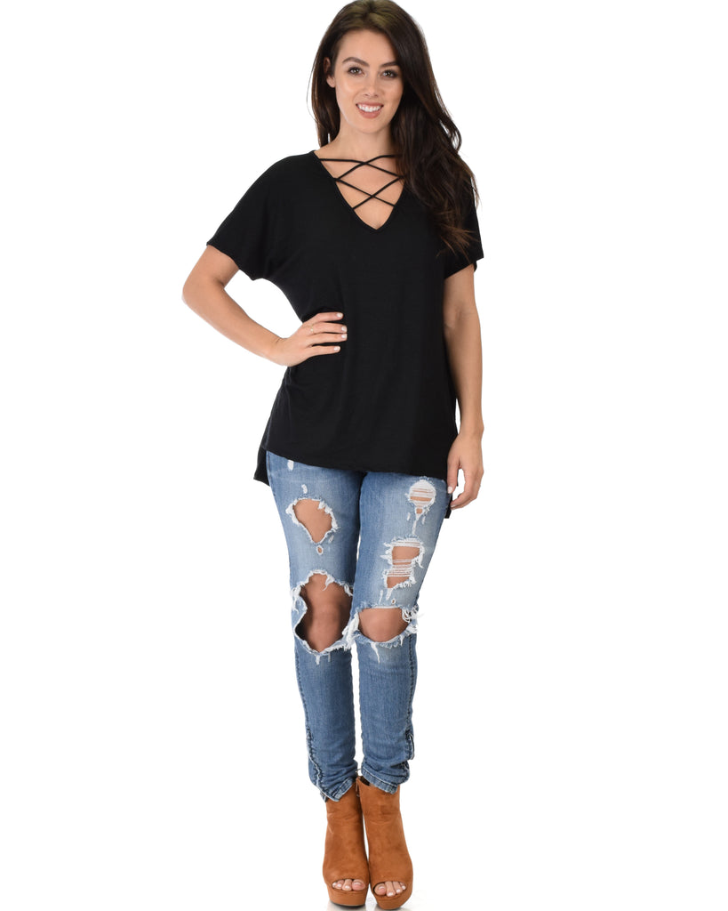 Lyss Loo Ever Amazed Front Cross Straps Black Tunic Top