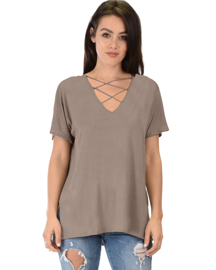 Lyss Loo Ever Amazed Front Cross Straps Taupe Tunic Top