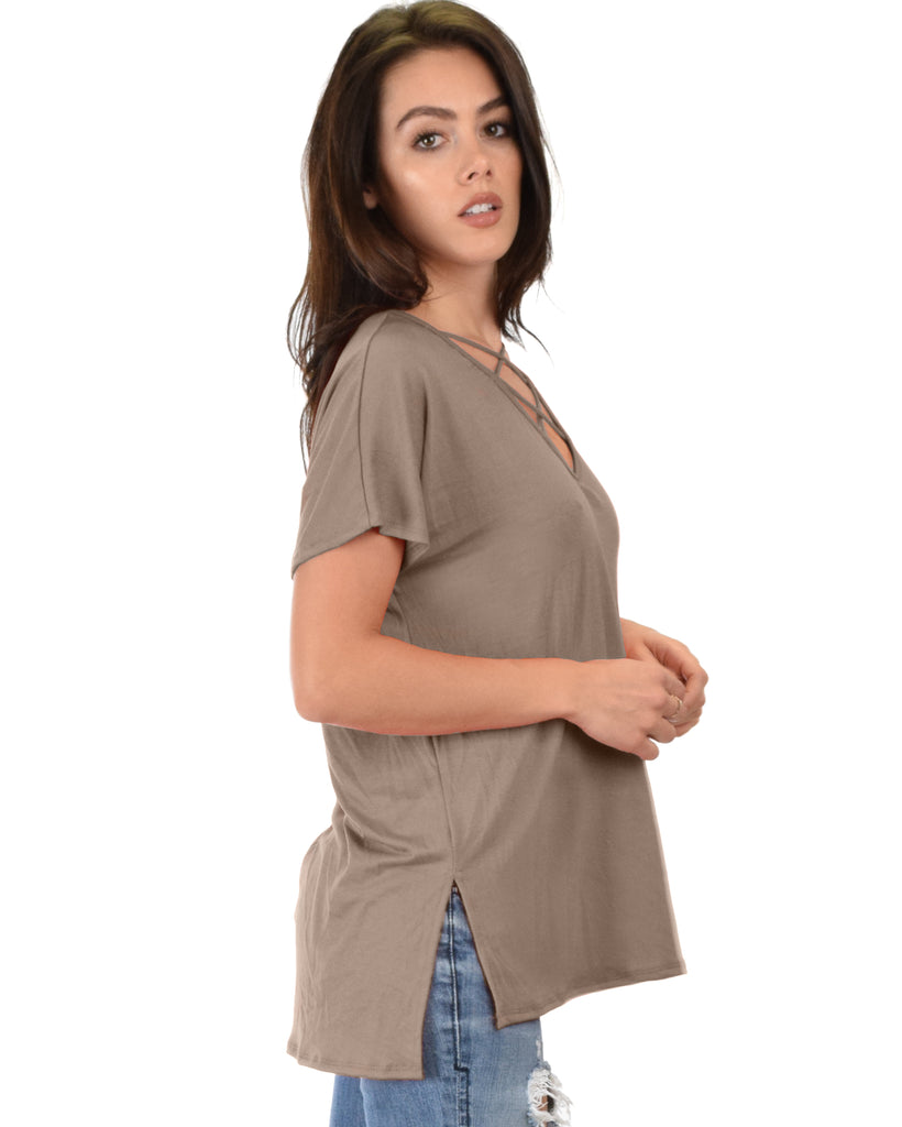 Lyss Loo Ever Amazed Front Cross Straps Taupe Tunic Top